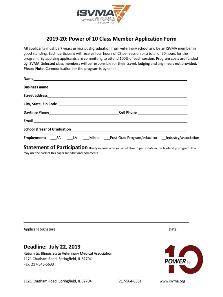 Fillable Online 2019-20: Power of 10 Class Member Application Form Fax ...