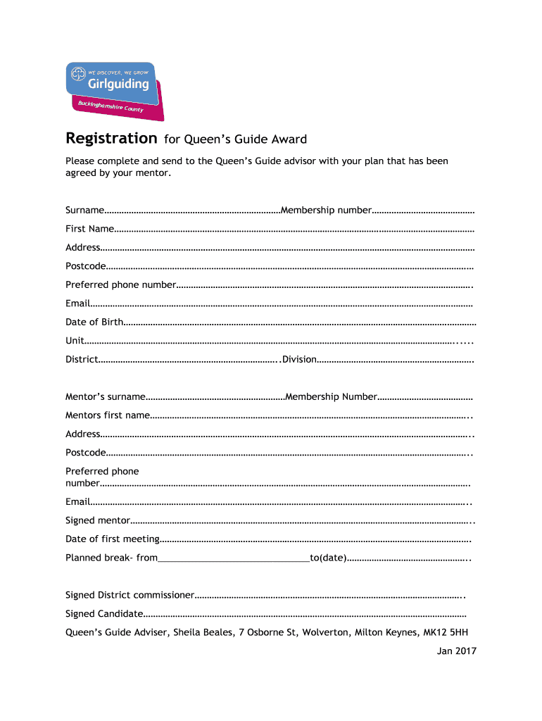 Fillable Online Registration for Queen's Guide Award Fax Email Print ...