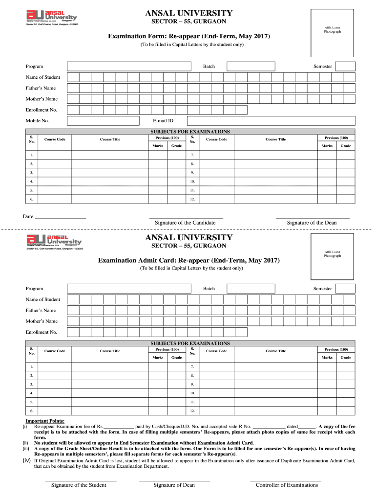 Fillable Online ansaluniversity edu Examination Form: Re-appear (End-Term, May 2017) Fax Email ...