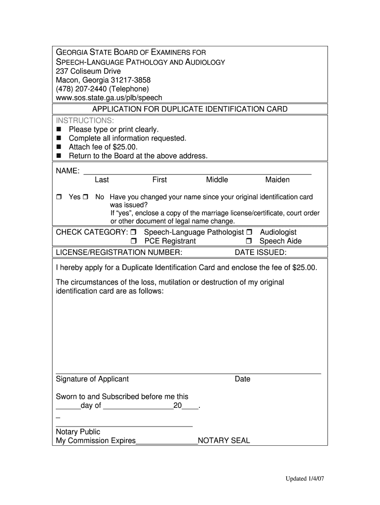 Fillable Online sos ga 10 Application for Duplicate ID card 5-30-07.doc ...