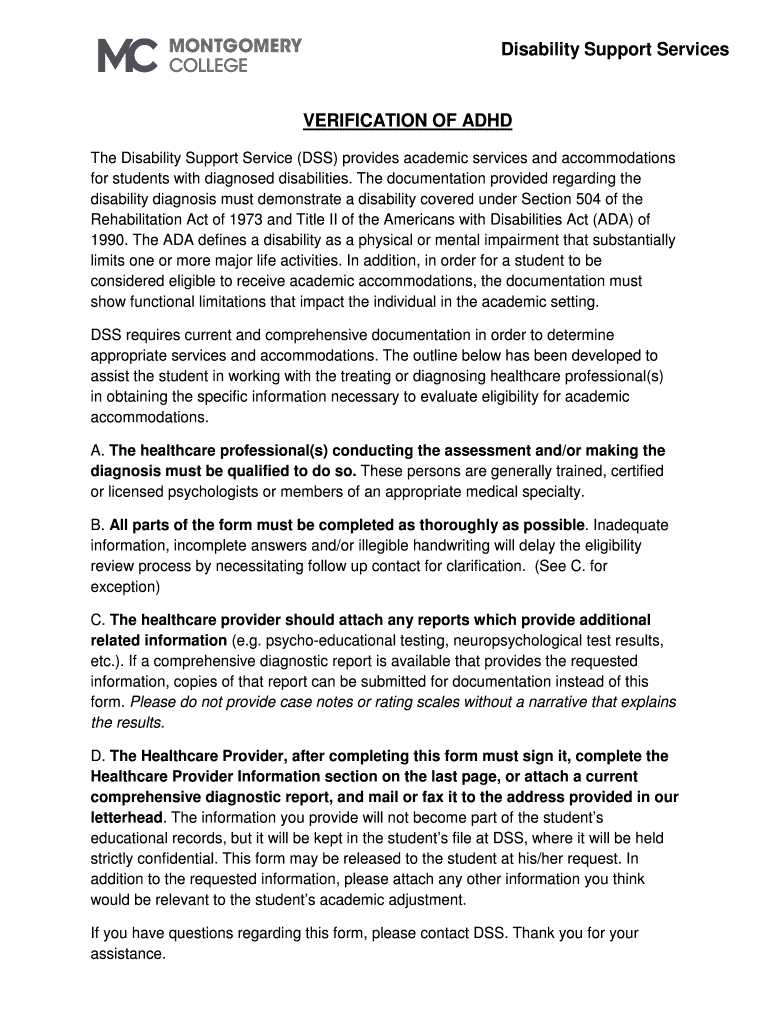 Fillable Online Disability Support Services VERIFICATION OF ADD/ADHD ...