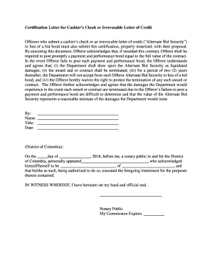 Fillable Online dgs dc Certification Letter for Cashier's Check or ...