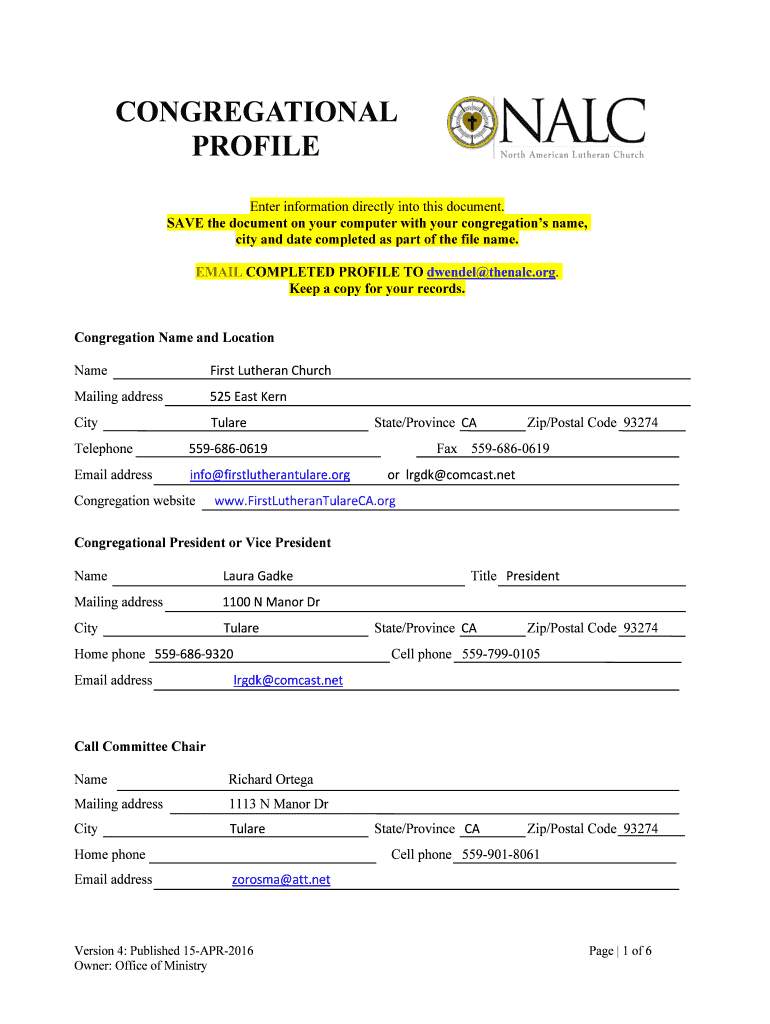 Fillable Online profile of pastor available for call - Bethany ...