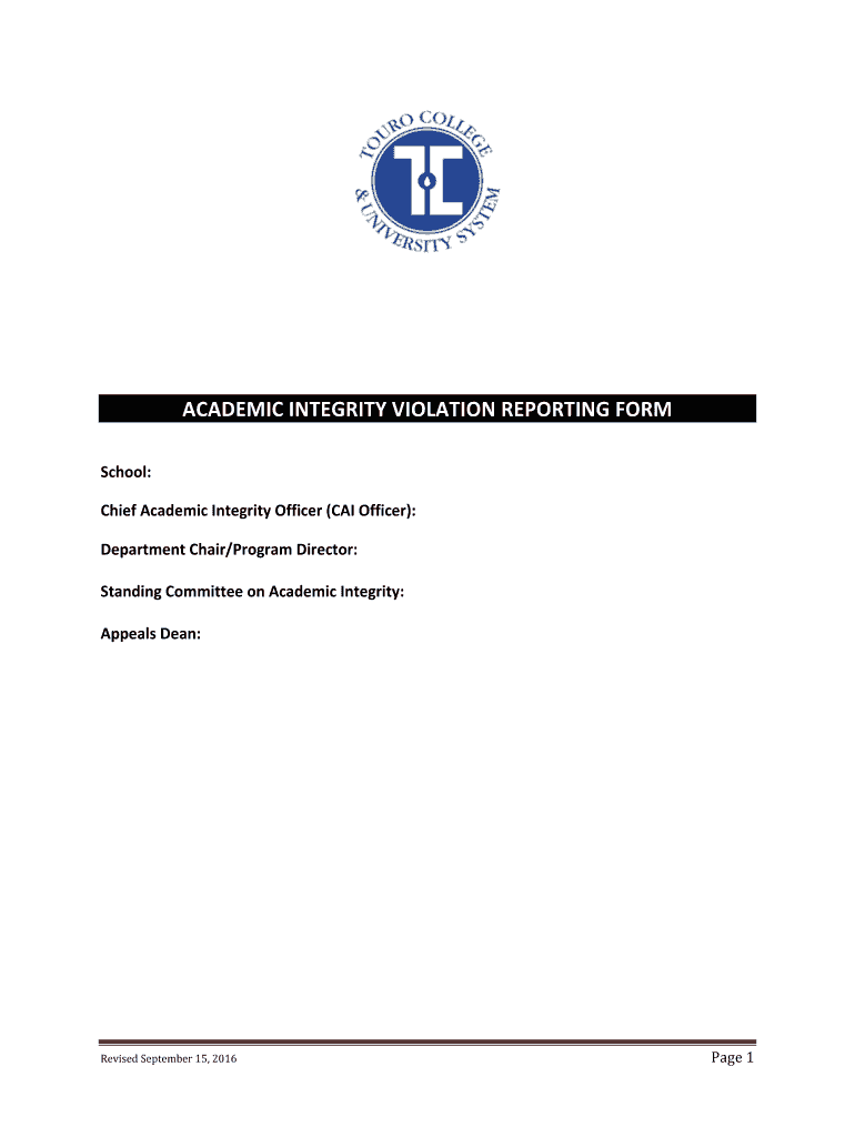 Fillable Online Academic Integrity Violations Reporting Form Sept 15'16 ...