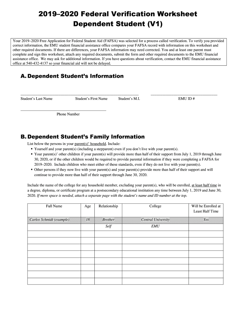 Fillable Online 20192020 Verification Worksheet V1 - Dependent Student Fax Email Print - pdfFiller