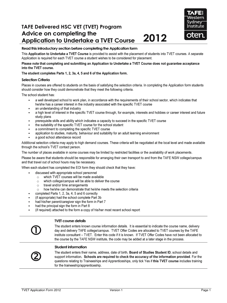 Fillable Online TVET Application Form - Warners Bay High School Fax ...