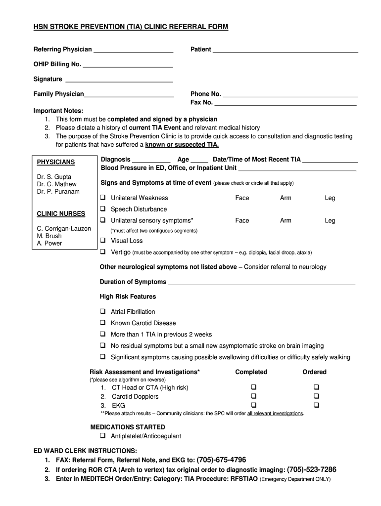 Fillable Online hsn stroke prevention (tia) clinic referral form ...