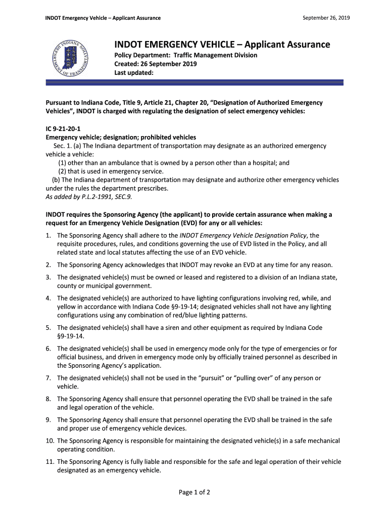 Fillable Online INDOT EMERGENCY VEHICLE Applicant Assurance - IN.gov ...