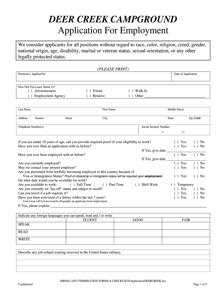 Fillable Online DEER CREEK CAMPGROUND Application For Employment Fax ...