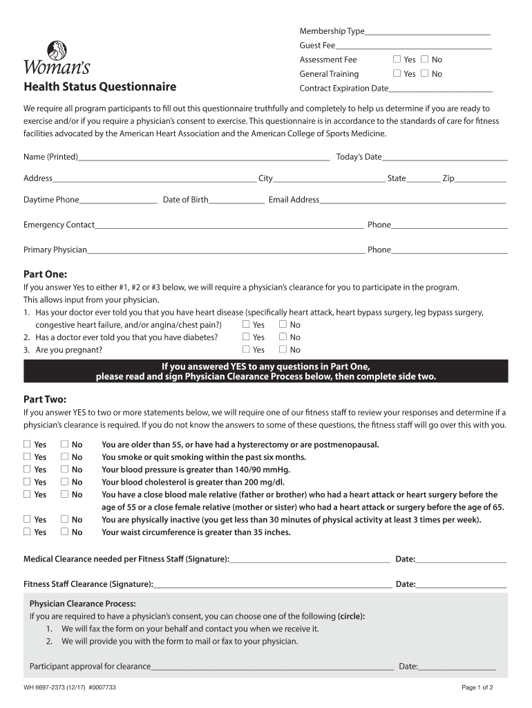Fillable Online Assessment Fee Yes No Health Status Questionnaire Fax ...