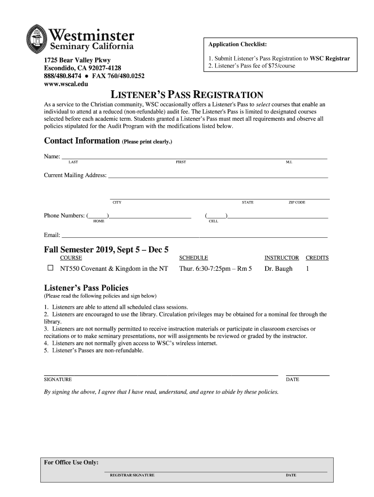 Fillable Online Fillable Online LISTENER S PASS REGISTRATION - wscal ...
