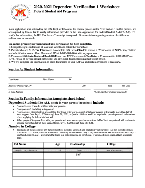 Fillable Online 2020-2021 Dependent Verification 1 Worksheet Fax Email ...