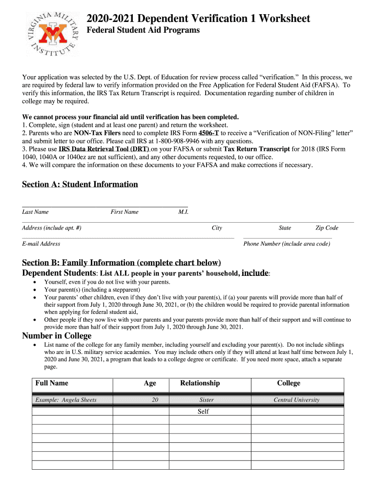 Fillable Online 2020-2021 Dependent Verification 1 Worksheet Fax Email ...