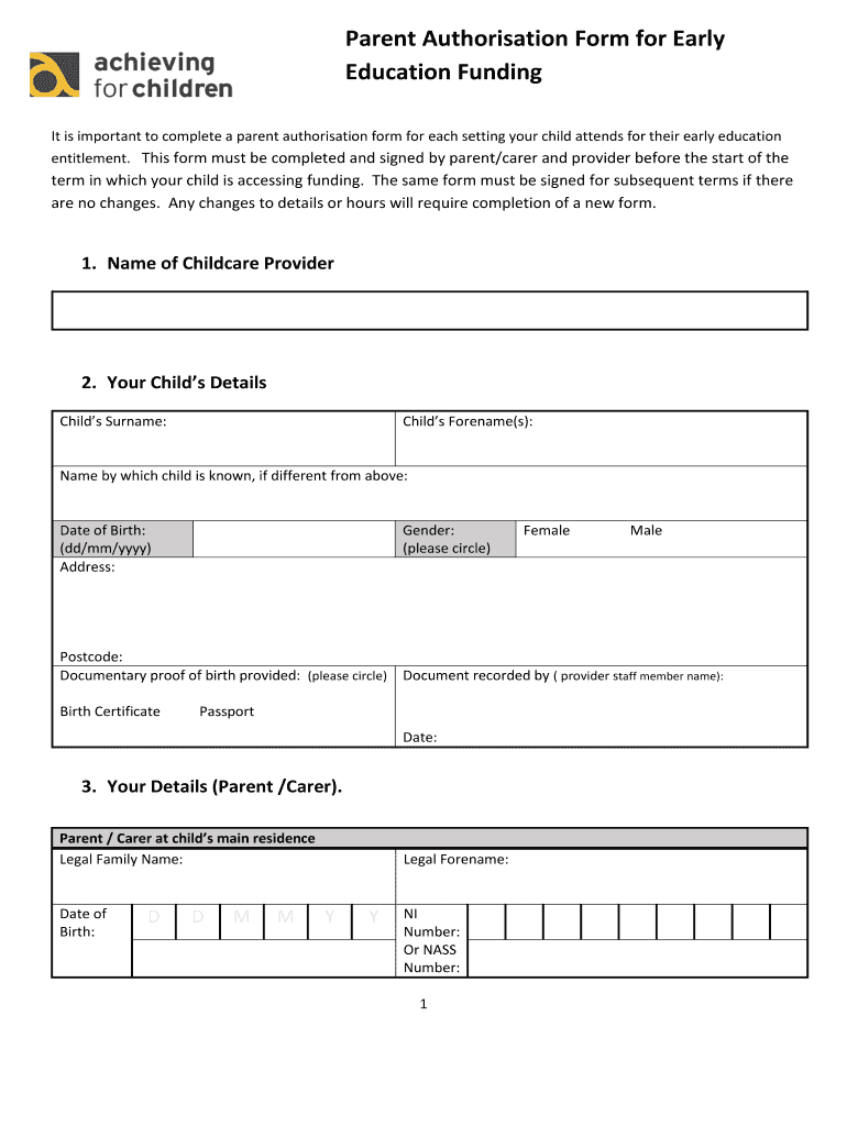 Fillable Online Parent Claim Form Information - Costessey Preschool Fax ...