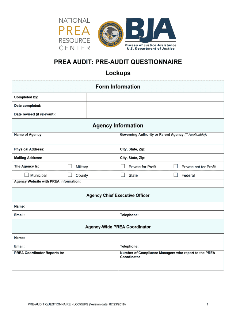 Fillable Online PREA AUDIT: PRE-AUDIT QUESTIONNAIRE Lockups Fax Email ...