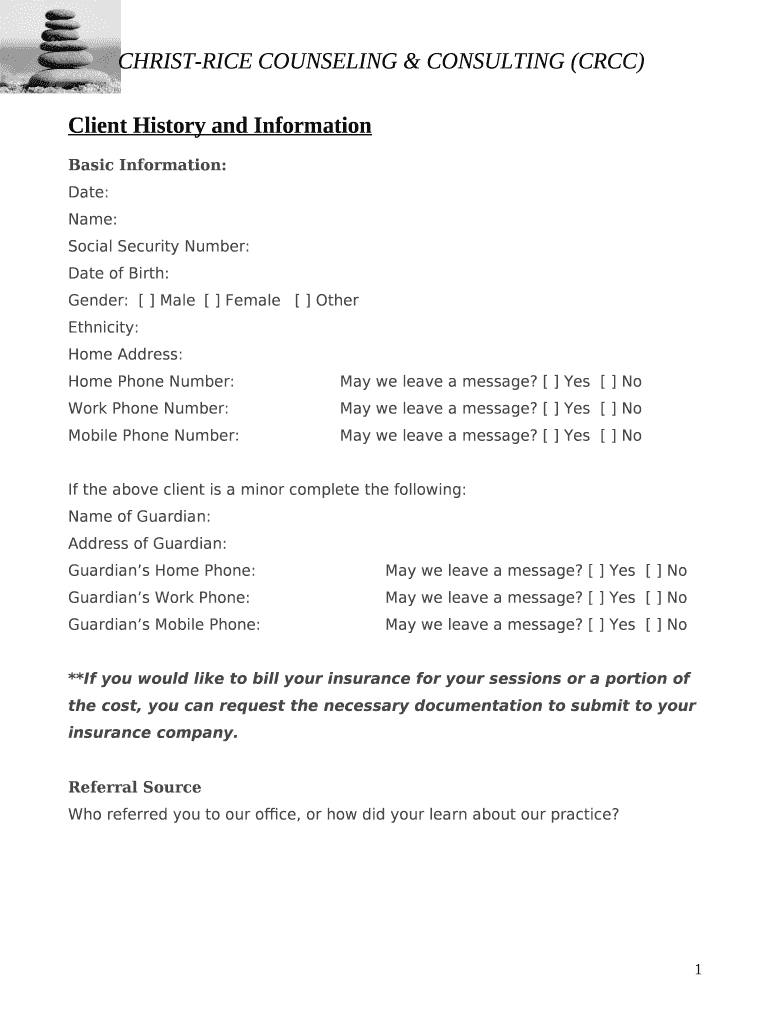 Client History and Ination - Deniece Christ-Rice, LCSW Doc Template | pdfFiller