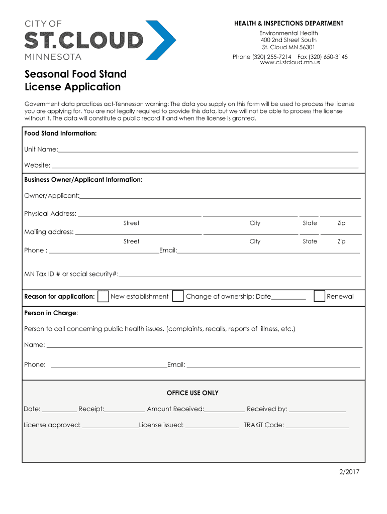Fillable Online Special Event Food Stand License Application - City of ...