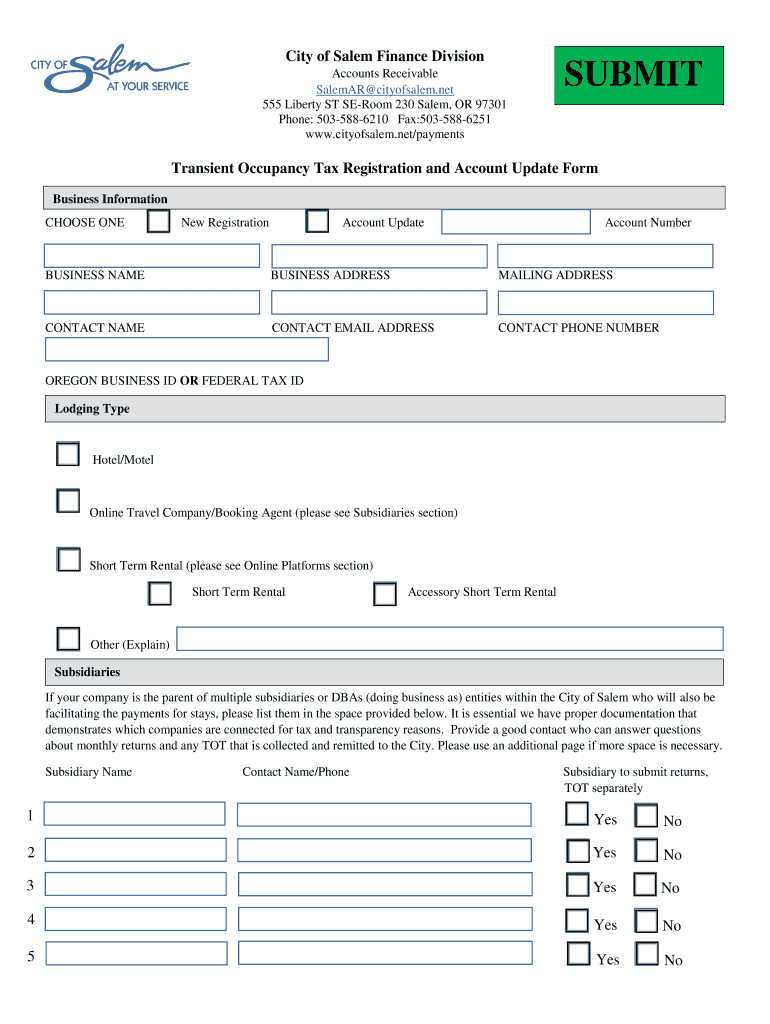 Fillable Online Transient Occupancy Tax Registration and Account Update ...