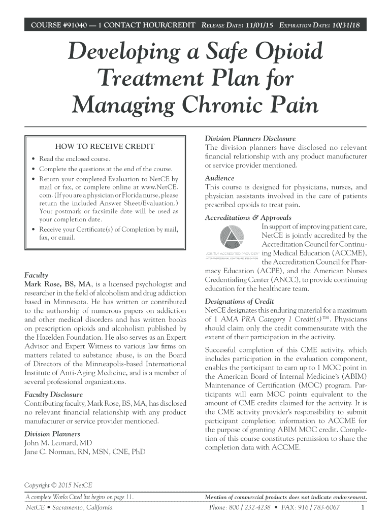 Fillable Online Developing a Safe Opioid Treatment Plan for Managing ...