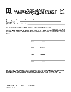 Fillable Online Virginia REALTORS Form 620 - Purchasers Acknowledgment ...