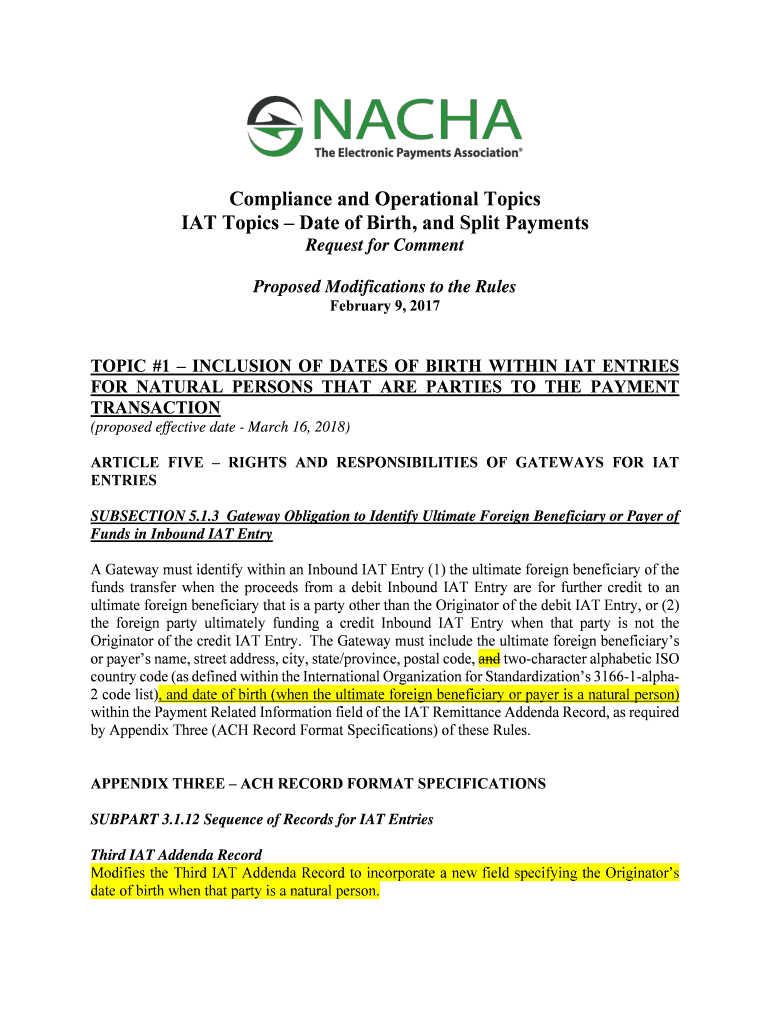 Fillable Online IAT TopicsDate of Birth, and Split Payments - Nacha Fax ...