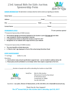 Fillable Online 23rd Annual Bids for Kids Auction Sponsorship Form Fax ...