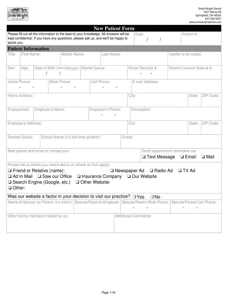 Fillable Online Smile Wright Dental New Patient Forms. Smile Wright ...