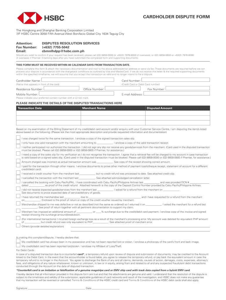 Fillable Online Hsbc Credit Card Dispute Form India - Fill Online ...