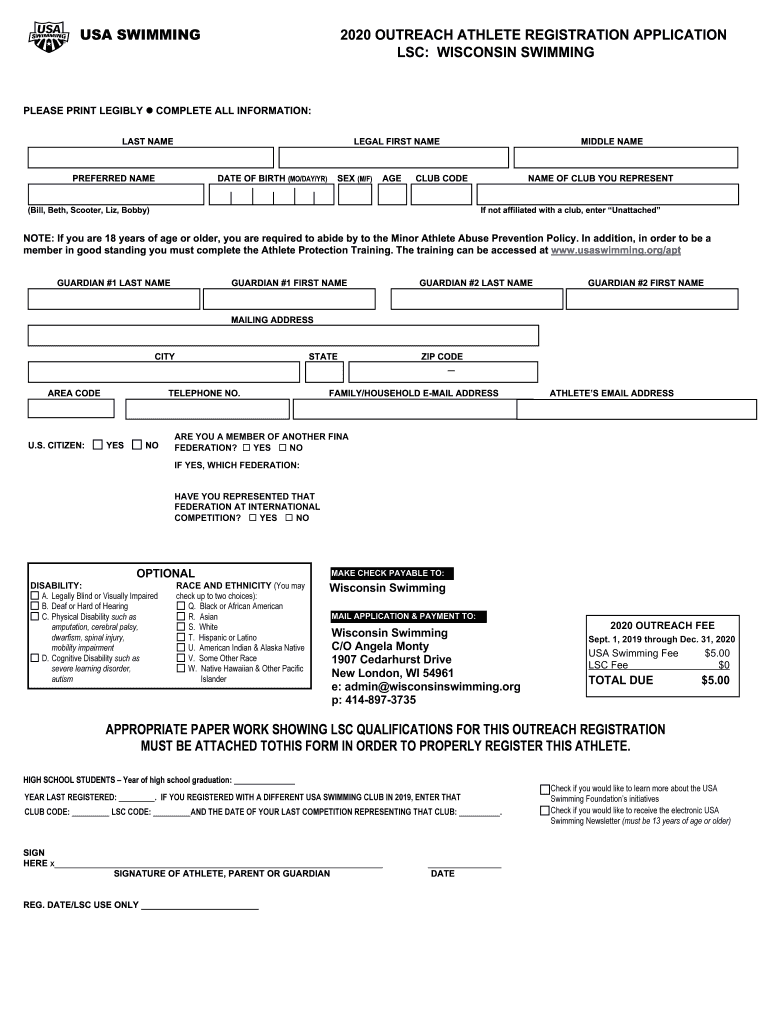 Fillable Online usa swimming 2020 outreach athlete registration ...