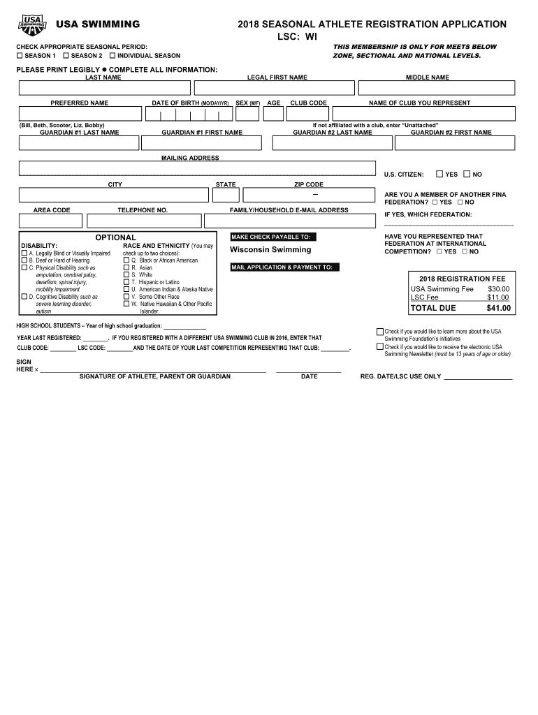 Fillable Online usa swimming 2018 seasonal athlete registration ...