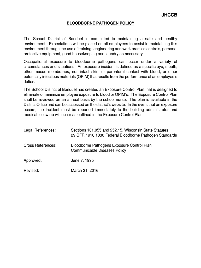Fillable Online BLOODBORNE PATHOGEN POLICY The School District of ... Fax Email Print - pdfFiller