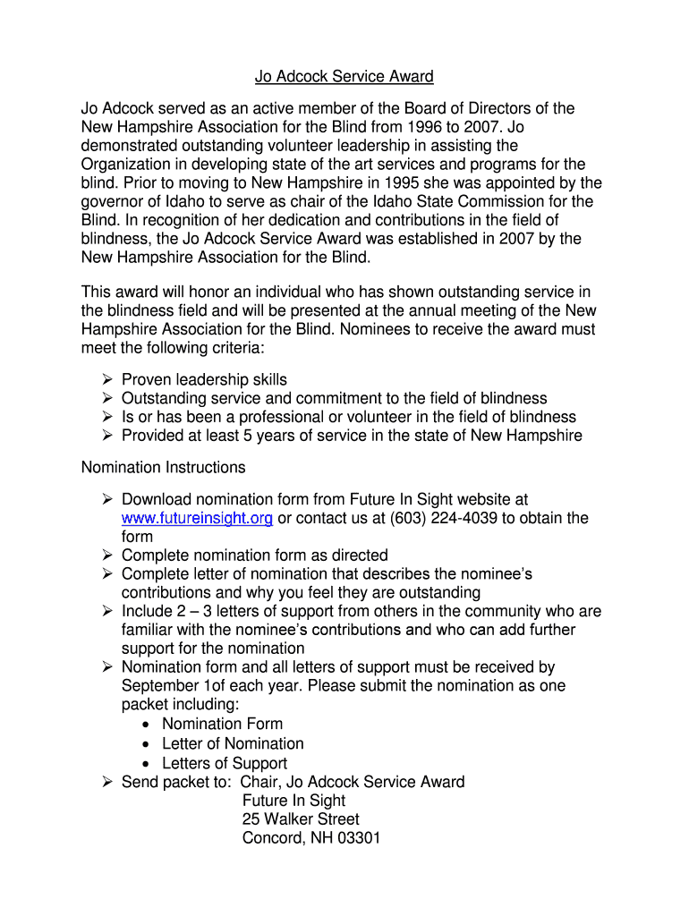 Fillable Online Jo Adcock Service Award Fax Email Print Pdffiller