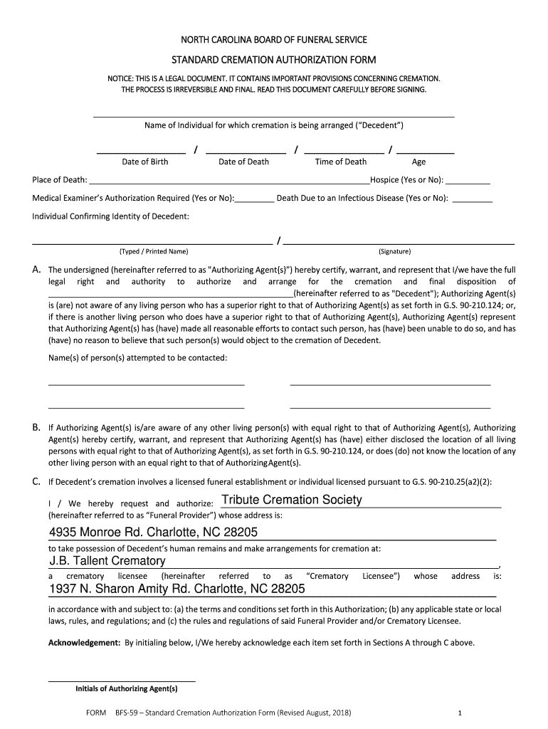 Fillable Online standard cremation authorization form - North Carolina ...
