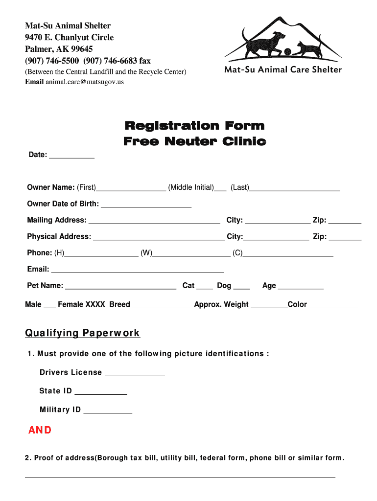 Fillable Online Registration Form Free Neuter Clinic - Matanuska ...