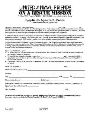 Fillable Online Spay/Neuter Agreement - Canine - United Animal Friends ...