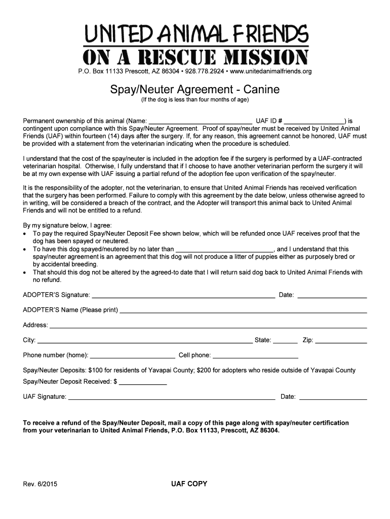 Fillable Online Spay/Neuter Agreement - Canine - United Animal Friends ...