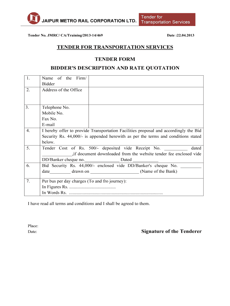 Tender For Transportation Services - Fill Online, Printable, Fillable ...