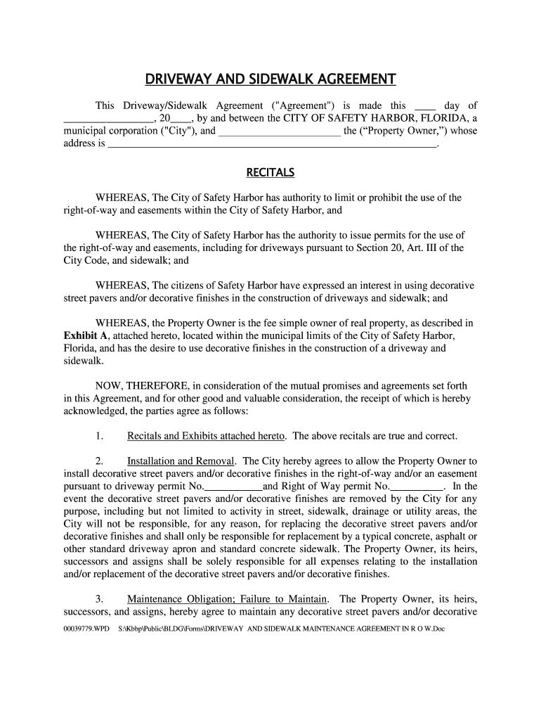 Fillable Online Driveway and Sidewalk Agreement - Safety Harbor Fax ...