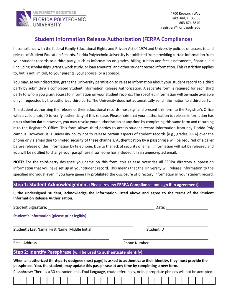 Fillable Online Student Information Release Authorization (FERPA ...