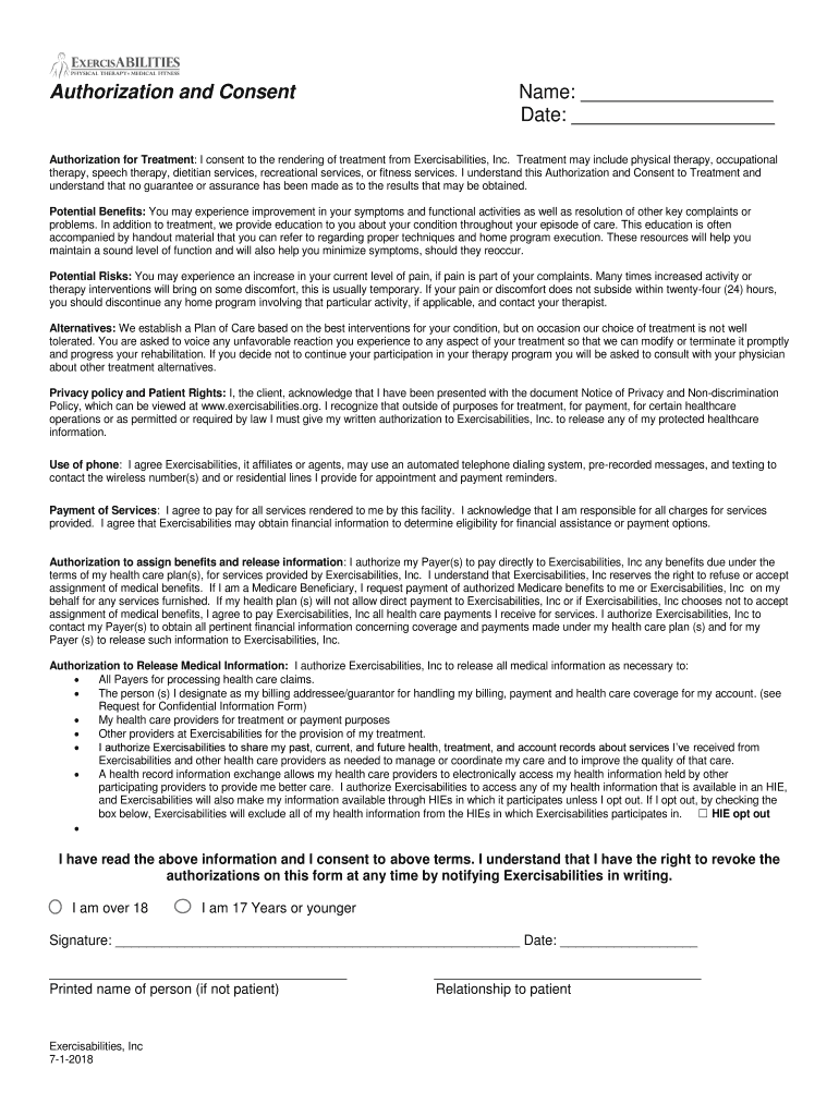 Fillable Online Consent for Treatment I authorize and consent to the ...
