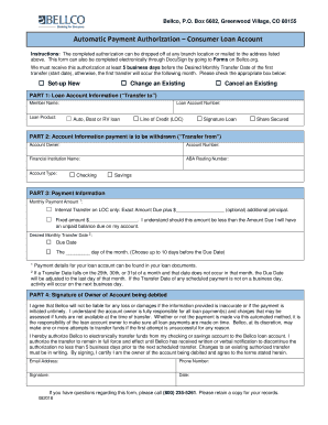 Fillable Online Automatic Loan Payment Authorization Form - Bellco ...