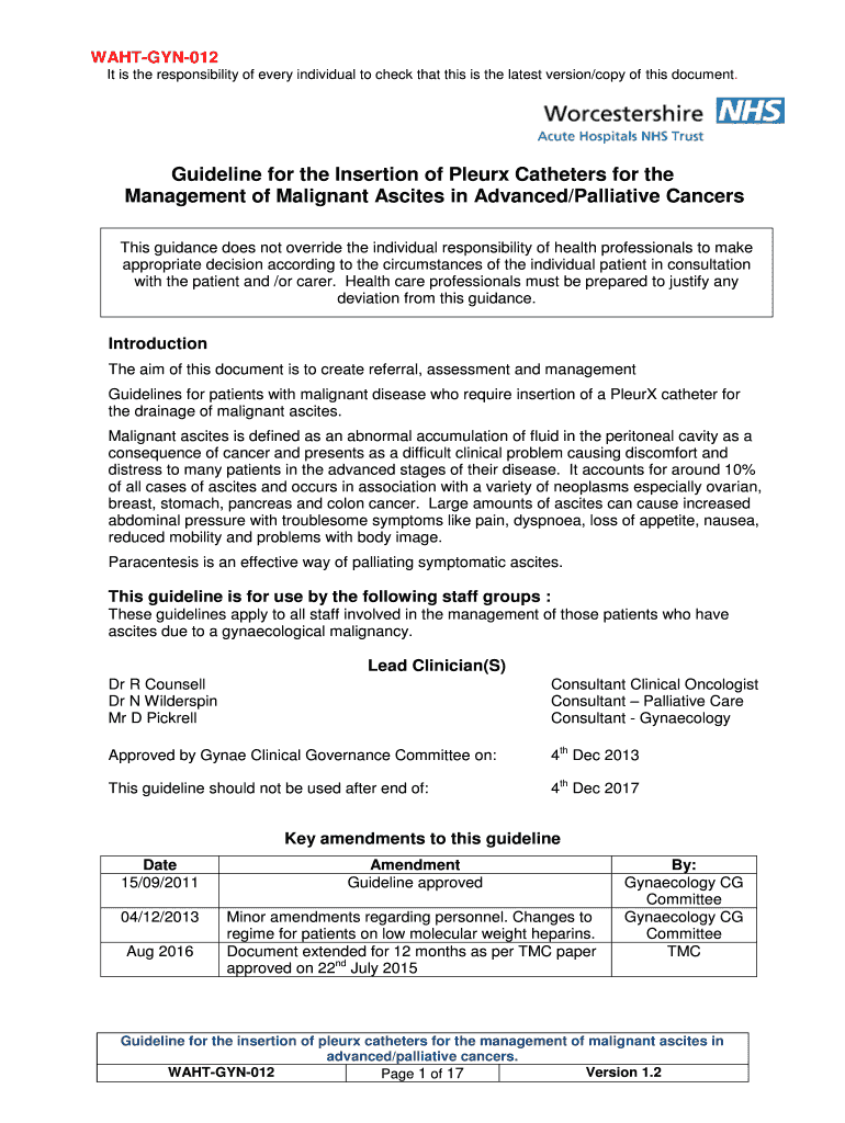 Fillable Online Guideline for the Insertion of Pleurx Catheters for the ...
