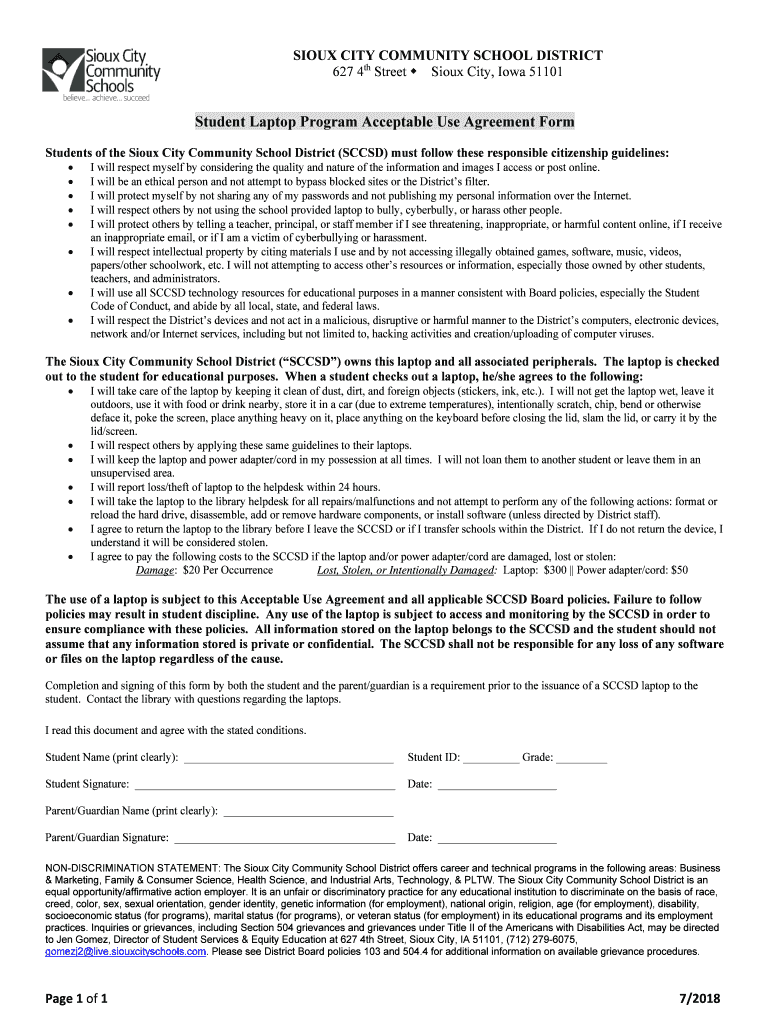 Fillable Online Student Laptop Program Acceptable Use Agreement Form Fax Email Print - pdfFiller