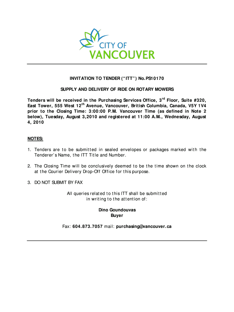 Fillable Online bids vancouver INVITATION TO TENDER (ITT) No.PS10170 SUPPLY AND ... Fax Email ...