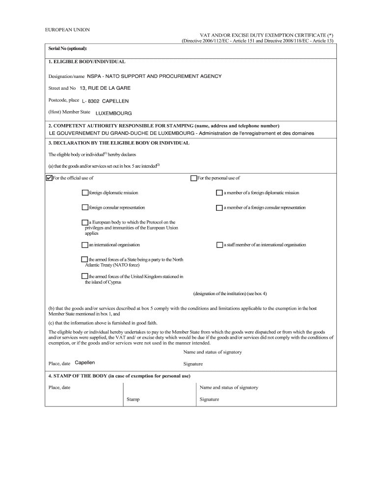 Vat And Or Excise Duty Exemption Certificate - Fill Online, Printable ...