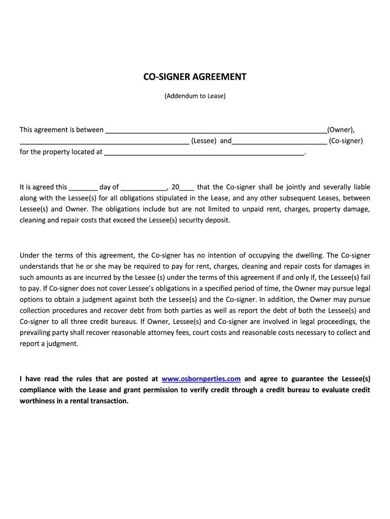 Fillable Online Residential Lease Cosigner Agreement, Landlord's ...