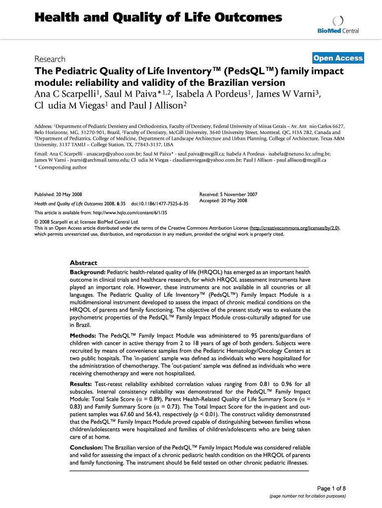 Fillable Online The Pediatric Quality of Life Inventory (PedsQL) family ...
