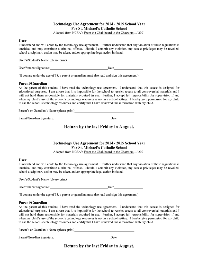Fillable Online Technology Use Agreement Consent Form Fax Email Print ...