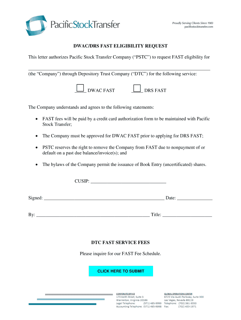 Fillable Online DWAC/DRS FAST ELIGIBILITY REQUEST - Pacific Stock ...