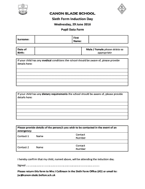 Fillable Online Induction Day Pupil Data Form Fax Email Print - pdfFiller